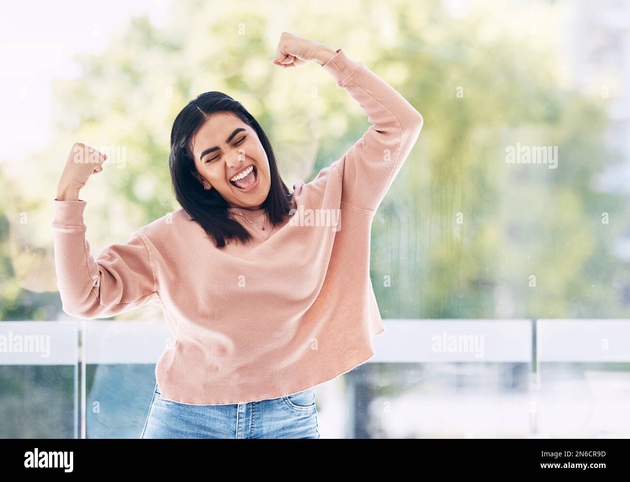 Yes, winner and Indian woman with winning, success and bonus arms or ...