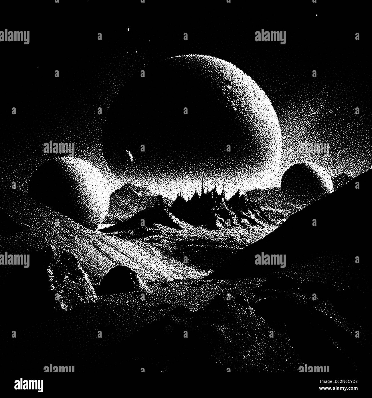 Alien planet landscape in retro dotwork style. Planets and satellites ...