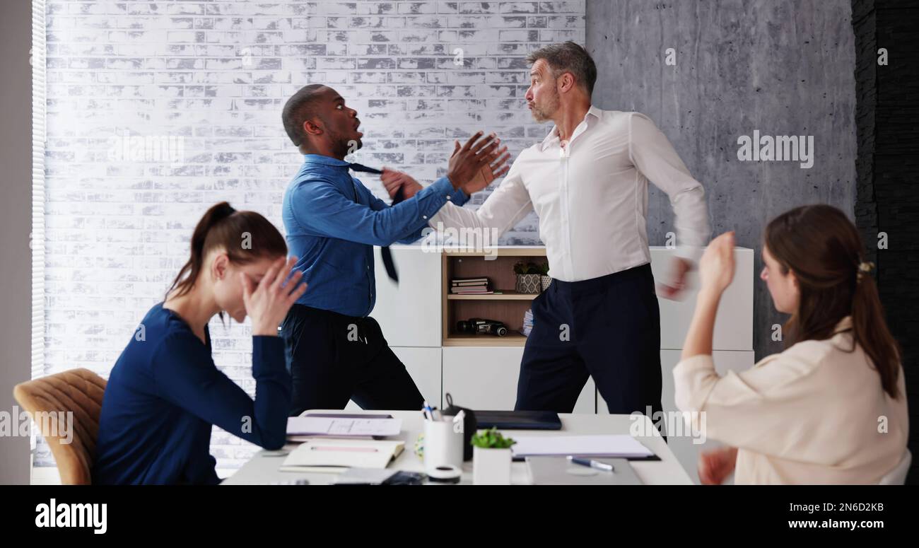 Angry Dominant Colleague Fighting And Bullying At Workplace Stock Photo ...