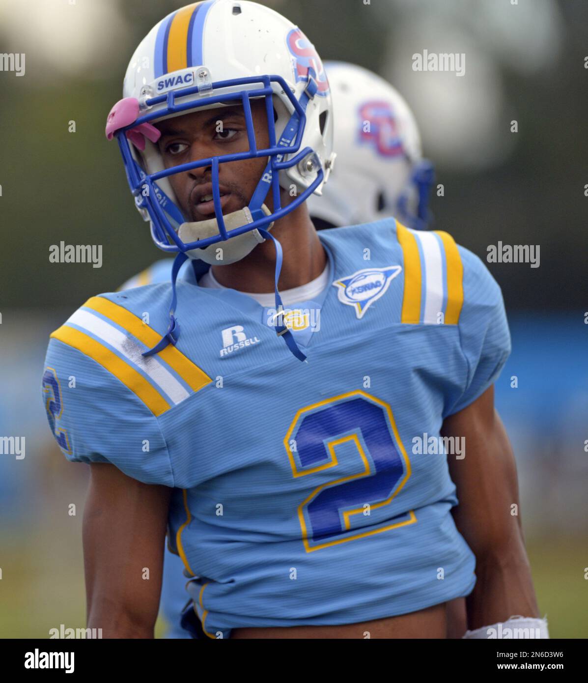 Southern University wide receiver Lee Doss (2) warms up before the game ...