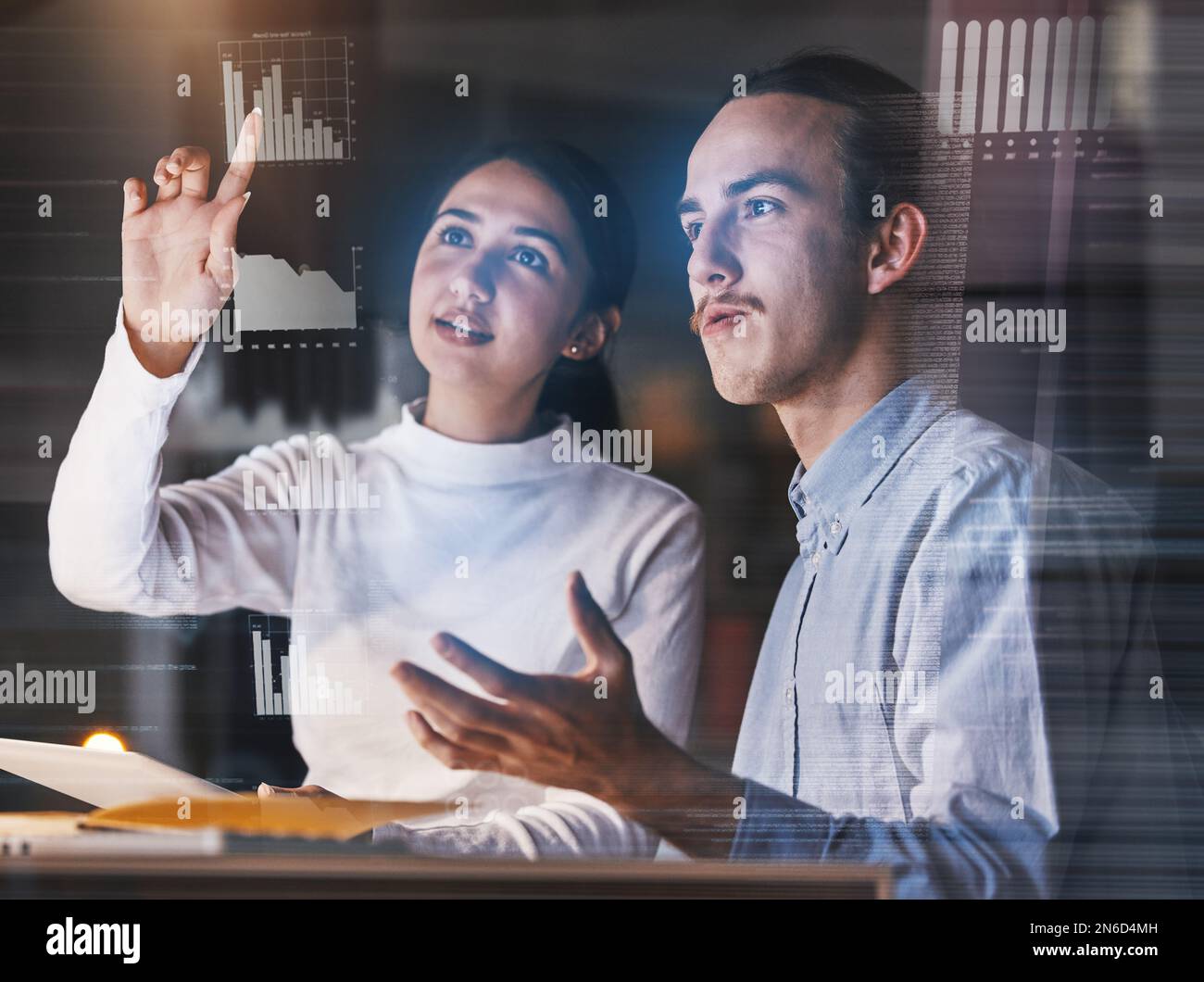 Code, overlay and man with woman, hologram and futuristic data analysis ...