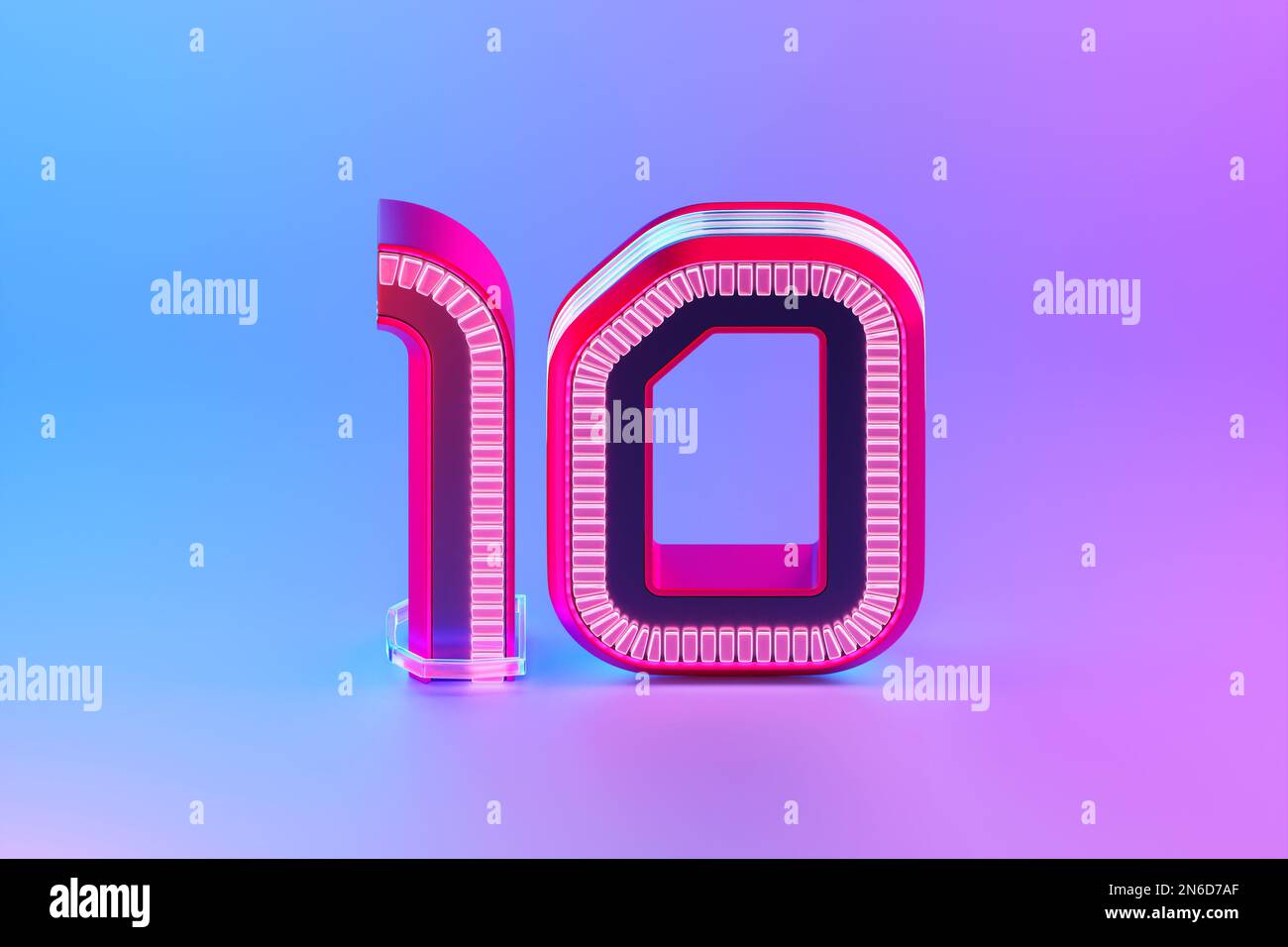 3D illustration, Number 10 ten over c neon lights on pink background ...