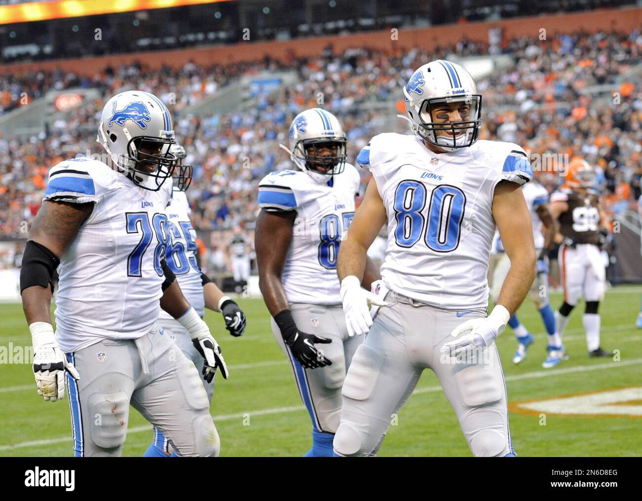 Detroit Lions tight end Joseph Fauria (80) celebrates after a 1-yard ...