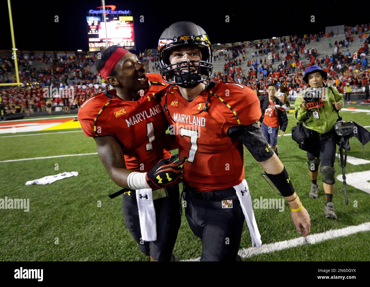 Maryland wide receiver Stefon Diggs (1) celebrates with quarterback ...