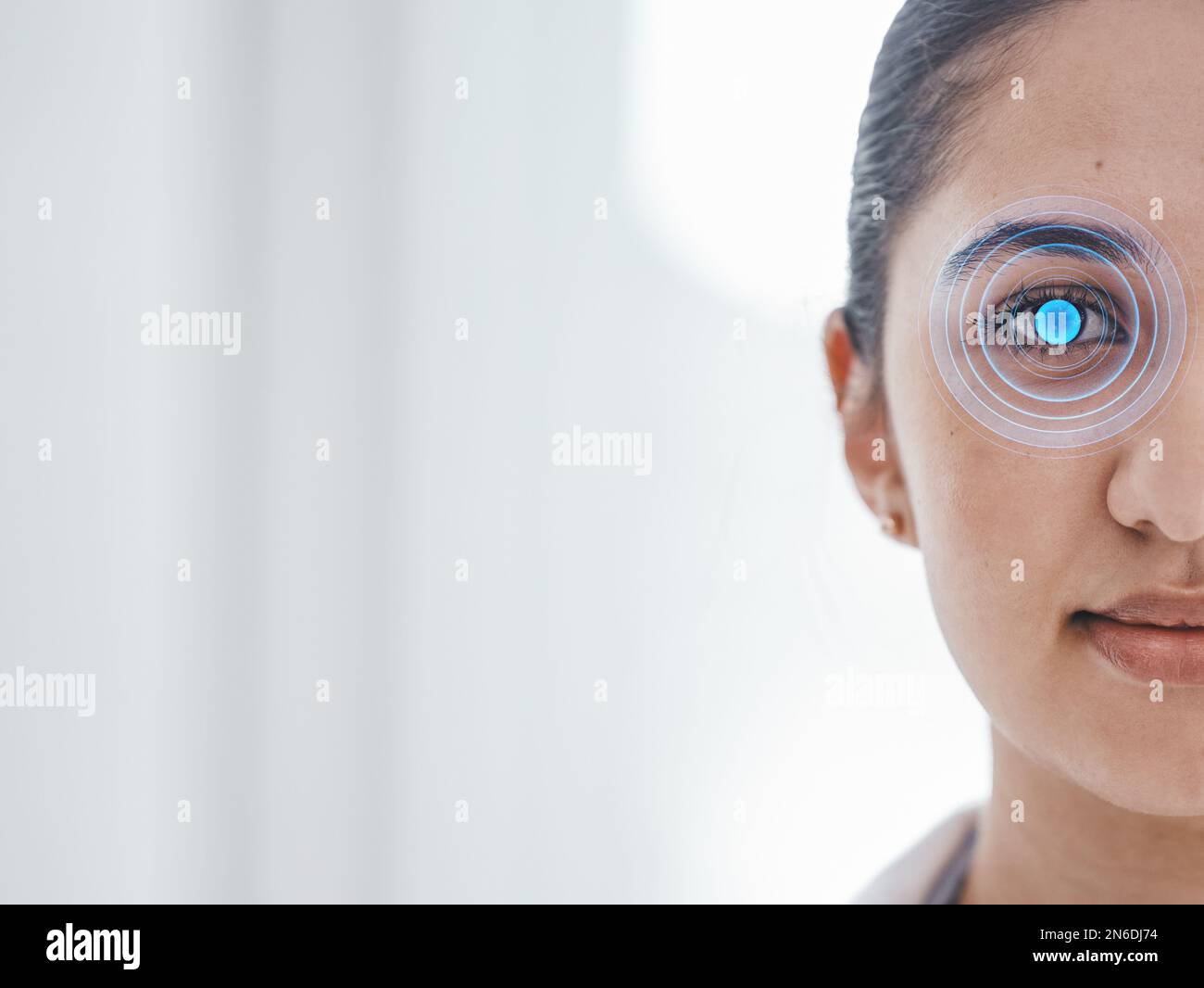 Cybersecurity, eye scan and portrait of a woman at work for facial ...