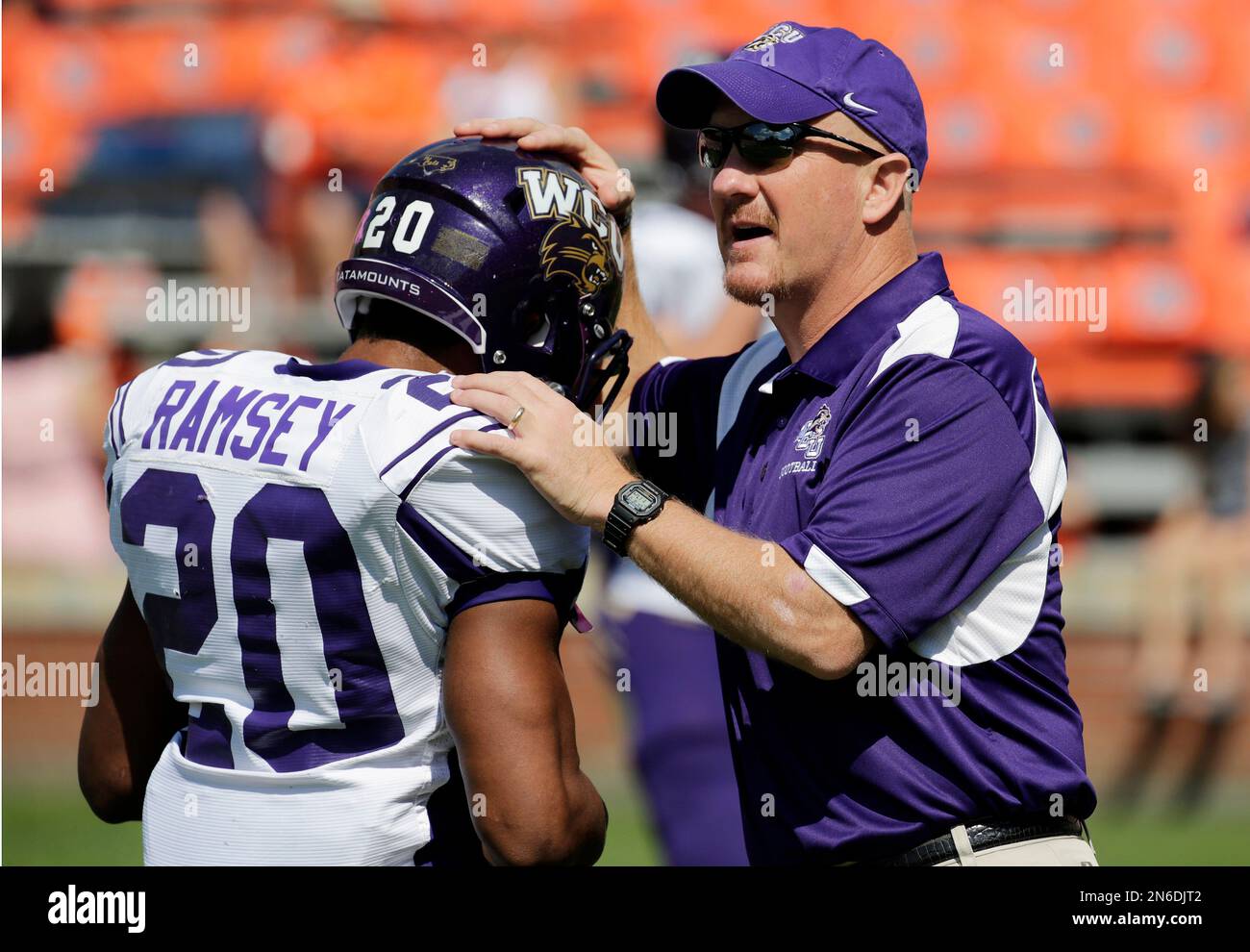 Western Carolina head coach Mark Speir talks with Western Carolina ...