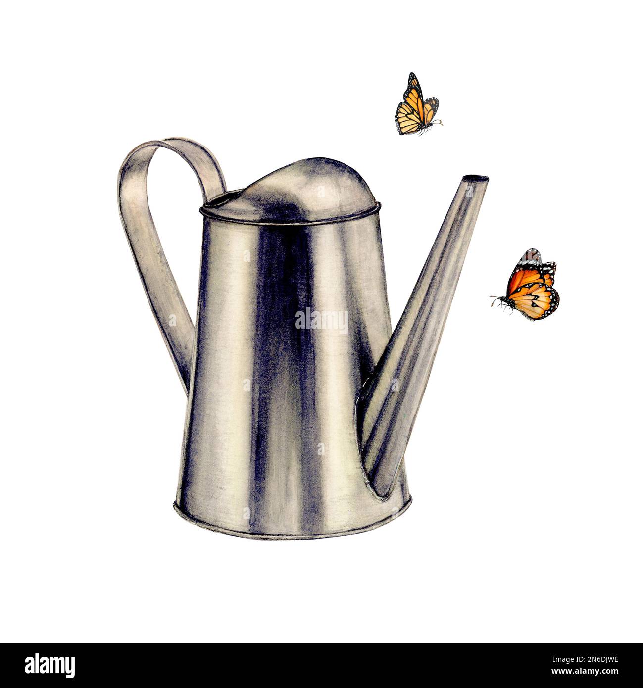 Watercolor hand drawing of a metal watering can isolated on a white ...