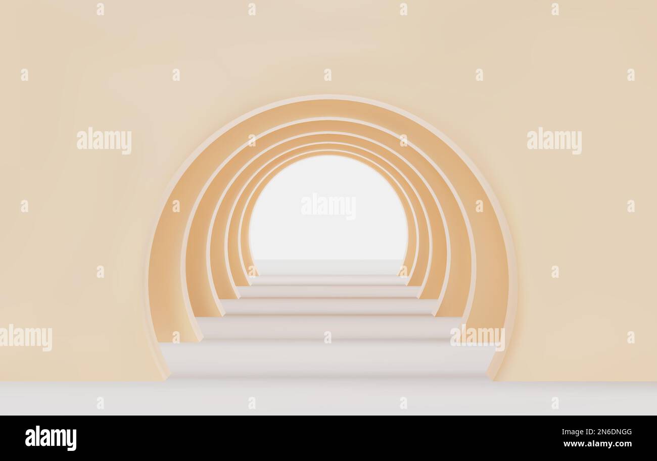 Beige 3d empty corridor of several round arches in perspective with ...