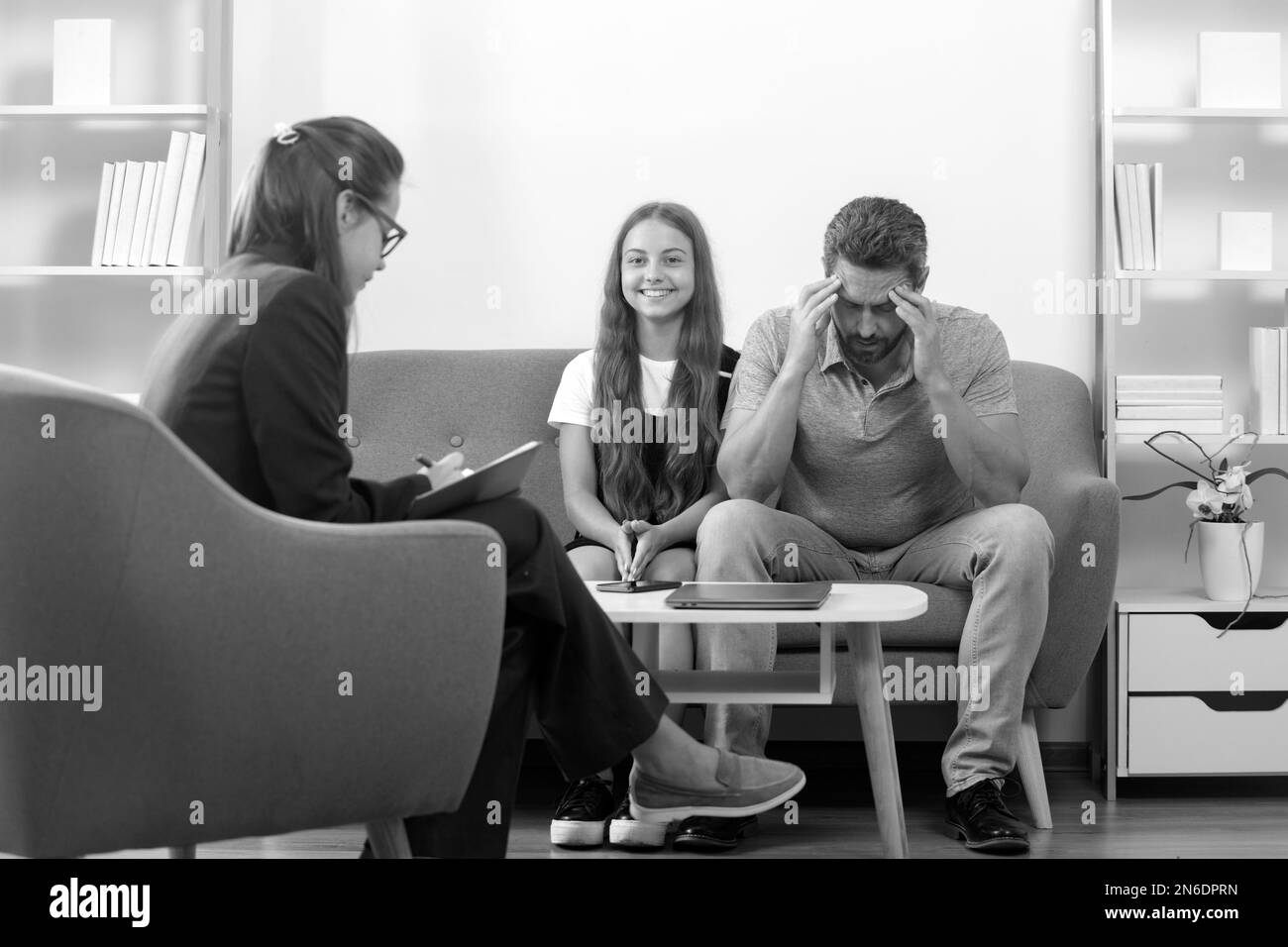 Father and child daughter with girl discussing problems in family with ...