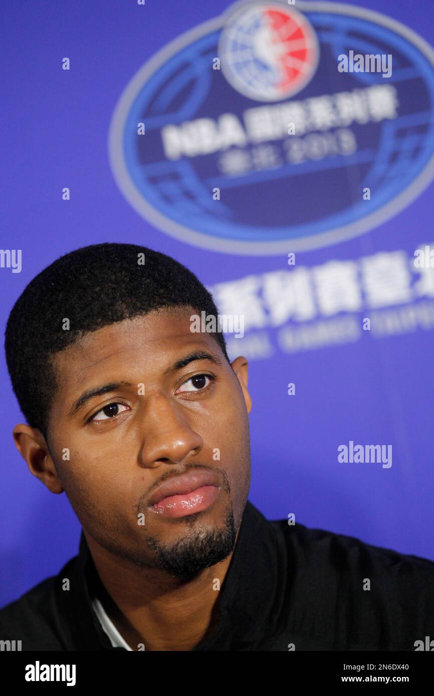 NBA Indiana Pacers Paul George takes questions from media during a ...