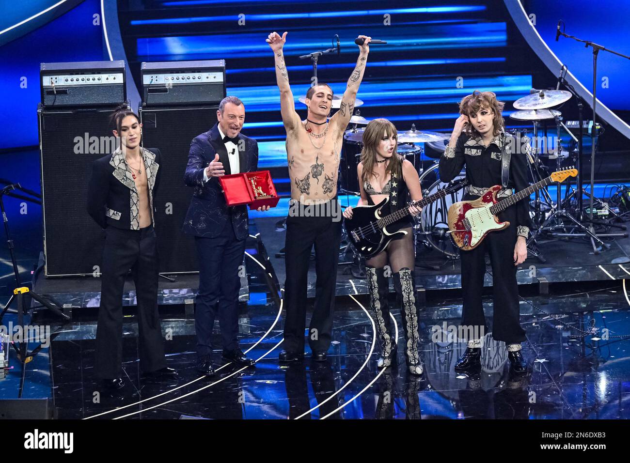 Sanremo, Italy 9th February 2023, Torchio Ethan (Maneskin) , Amadeus ...