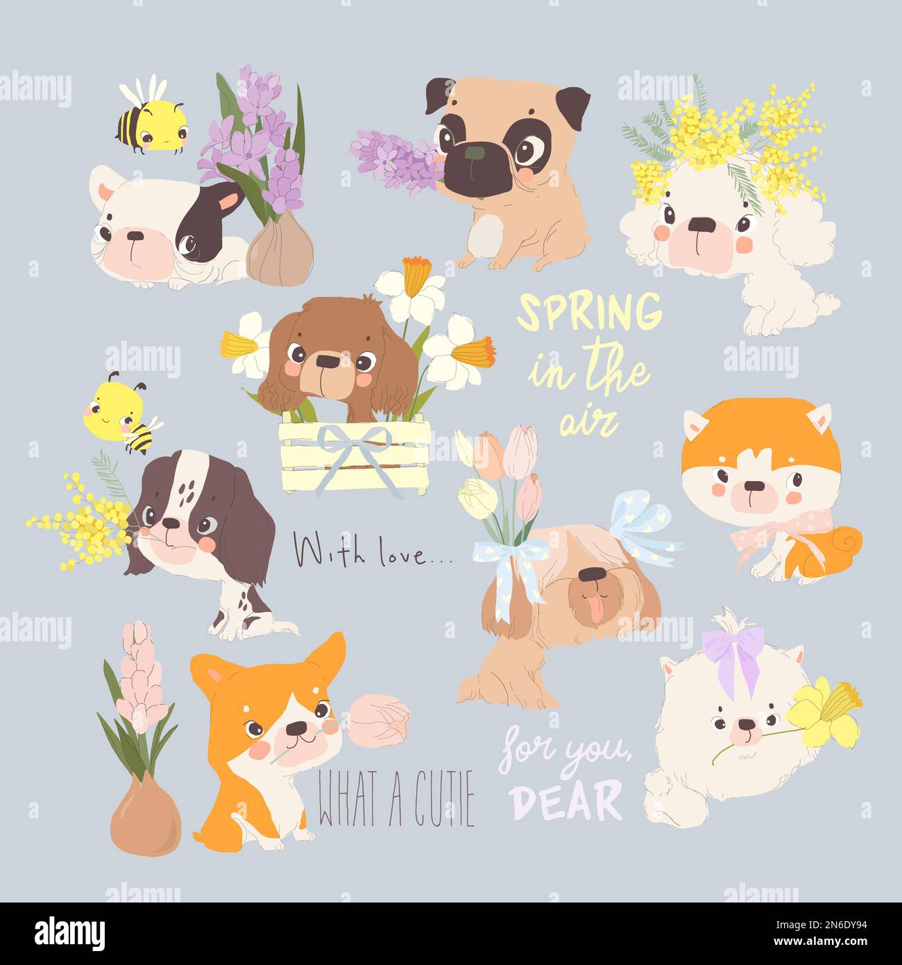 Cartoon Set with Funny Puppies and Spring Flowers Stock Vector Image ...