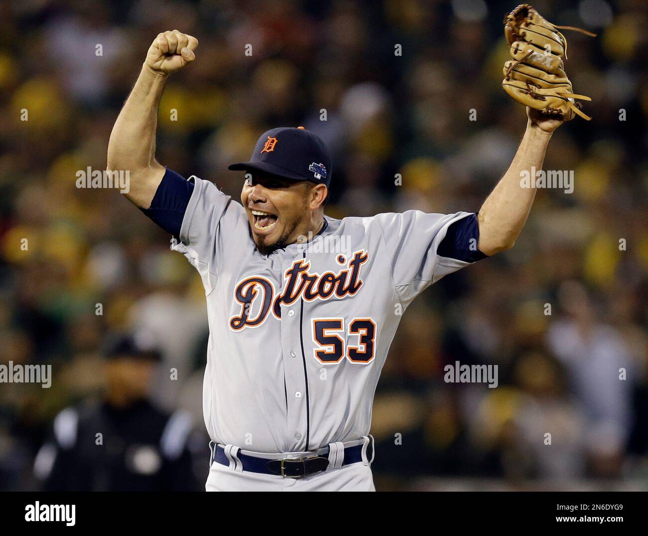Detroit Tigers pitcher Joaquin Benoit (53) celebrates after the Tigers ...