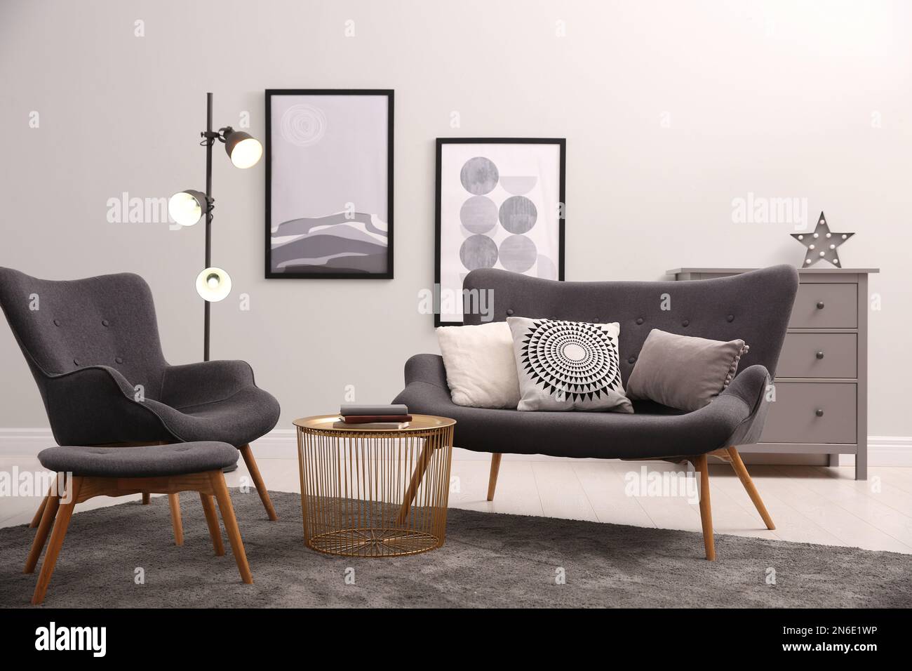 Stylish living room interior with comfortable furniture and pictures ...