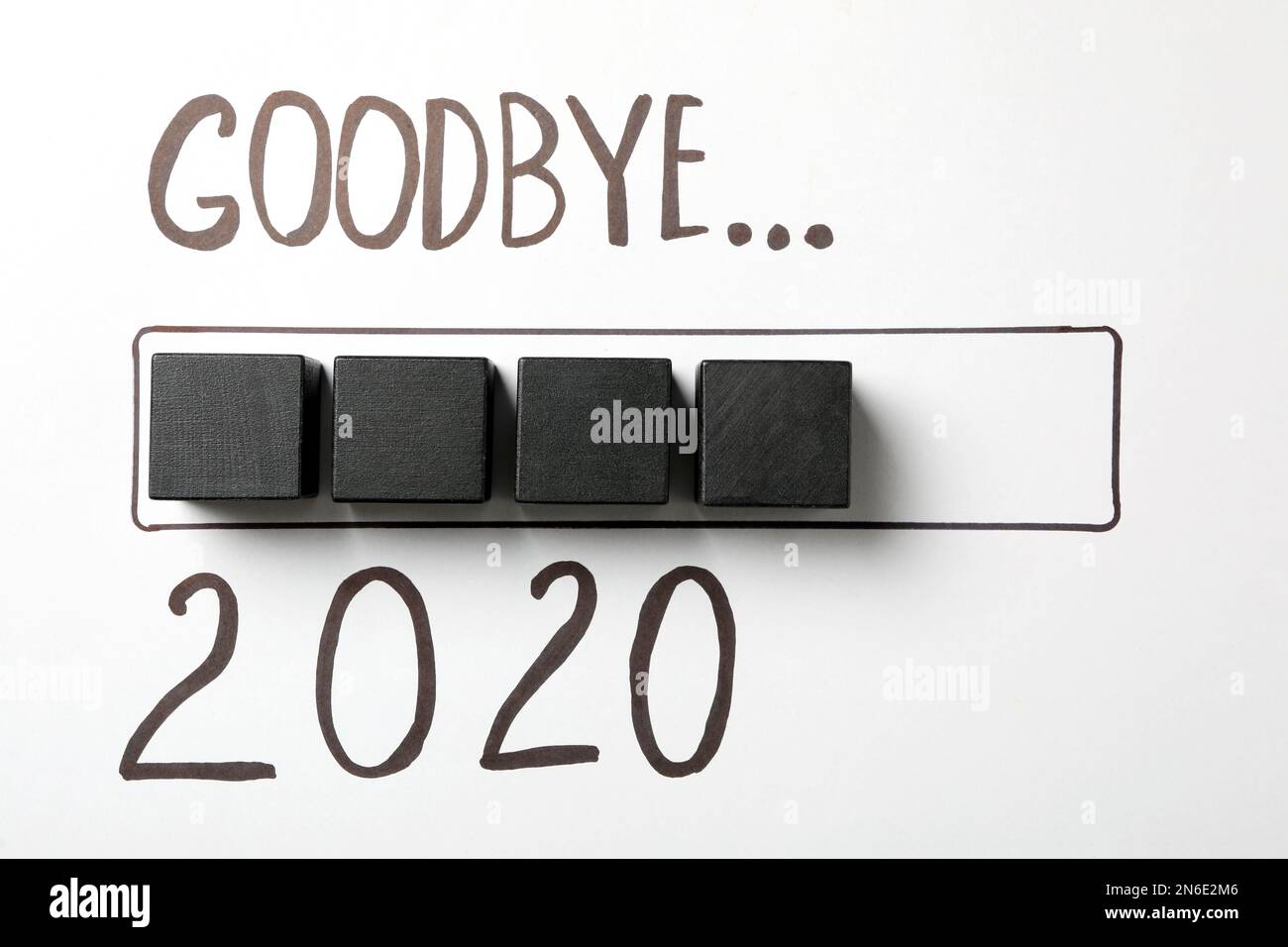 Text Goodbye 2020 and drawn loading line with cubes on white background ...
