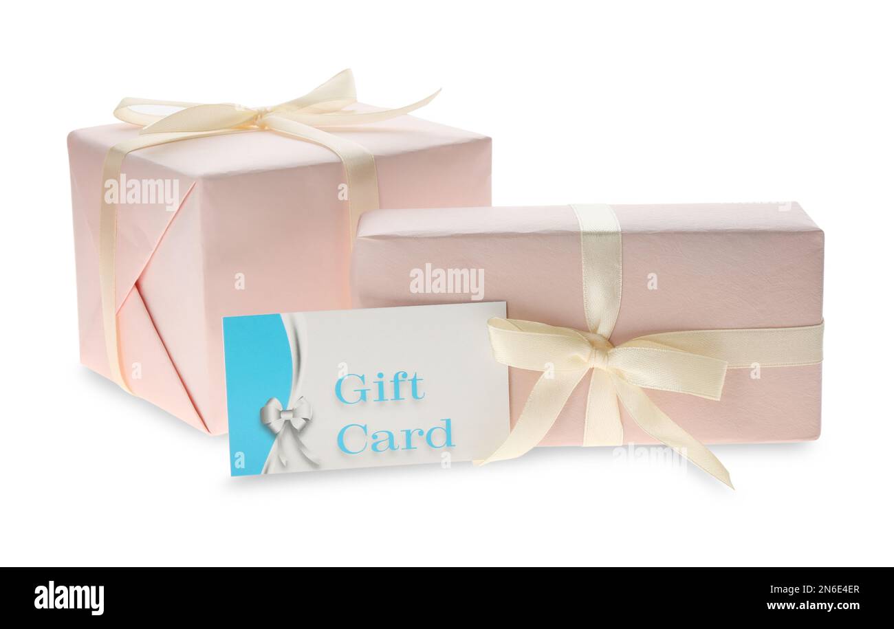 Gift card and presents on white background Stock Photo - Alamy