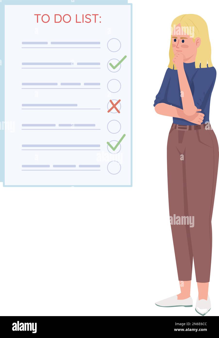 Serious young woman thinking about future tasks semi flat color vector ...