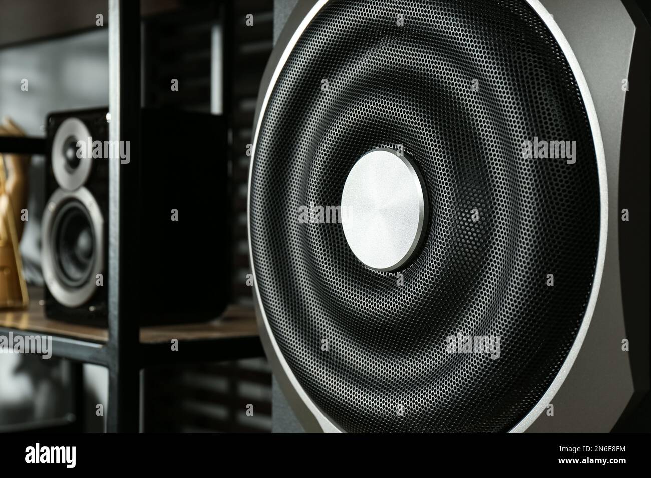 Modern powerful subwoofer indoors, closeup. Audio speaker system Stock ...