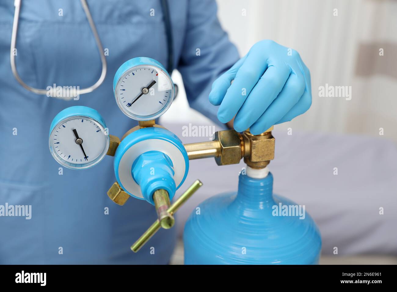 Medical worker checking oxygen tank in hospital room, closeup Stock ...