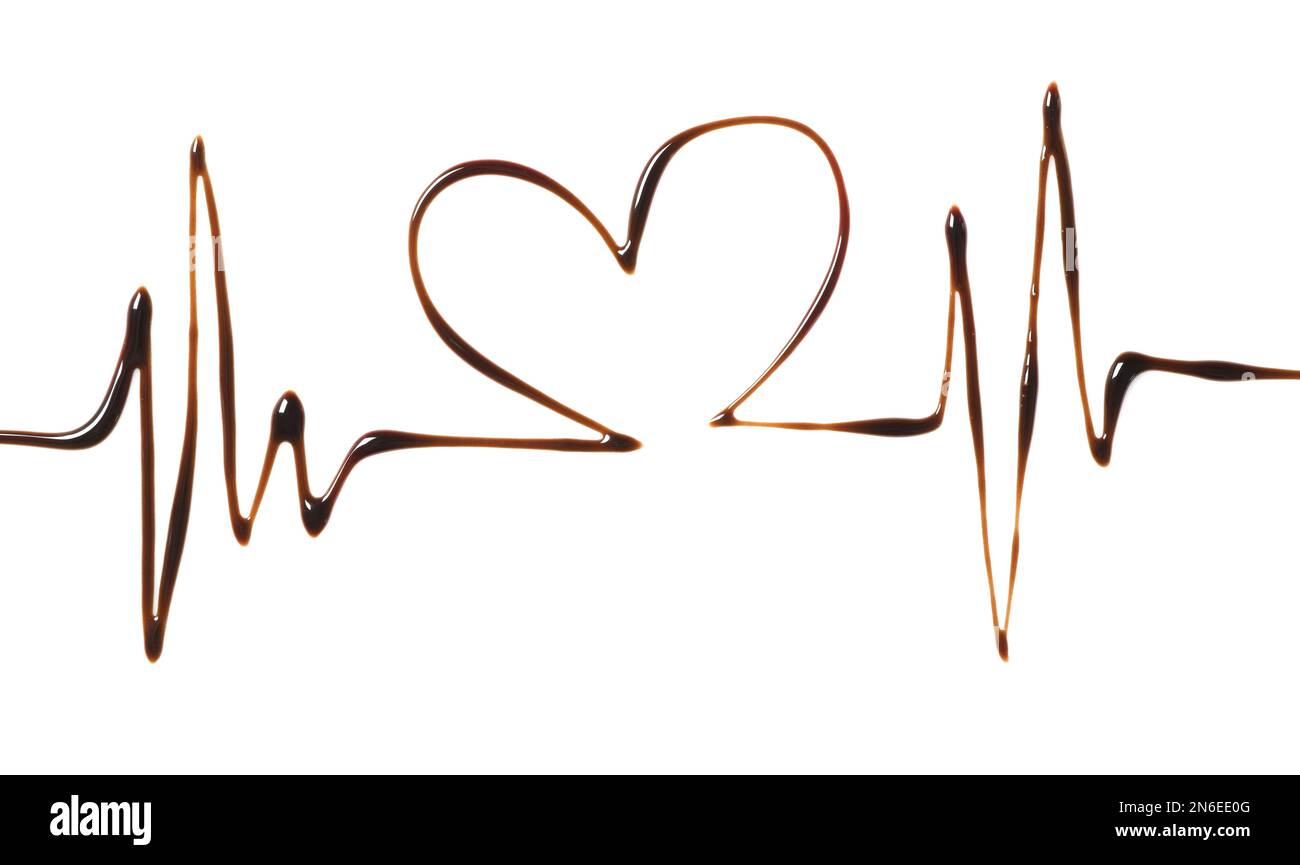 Heart and cardiac rhythm drawn with dark chocolate on white background ...