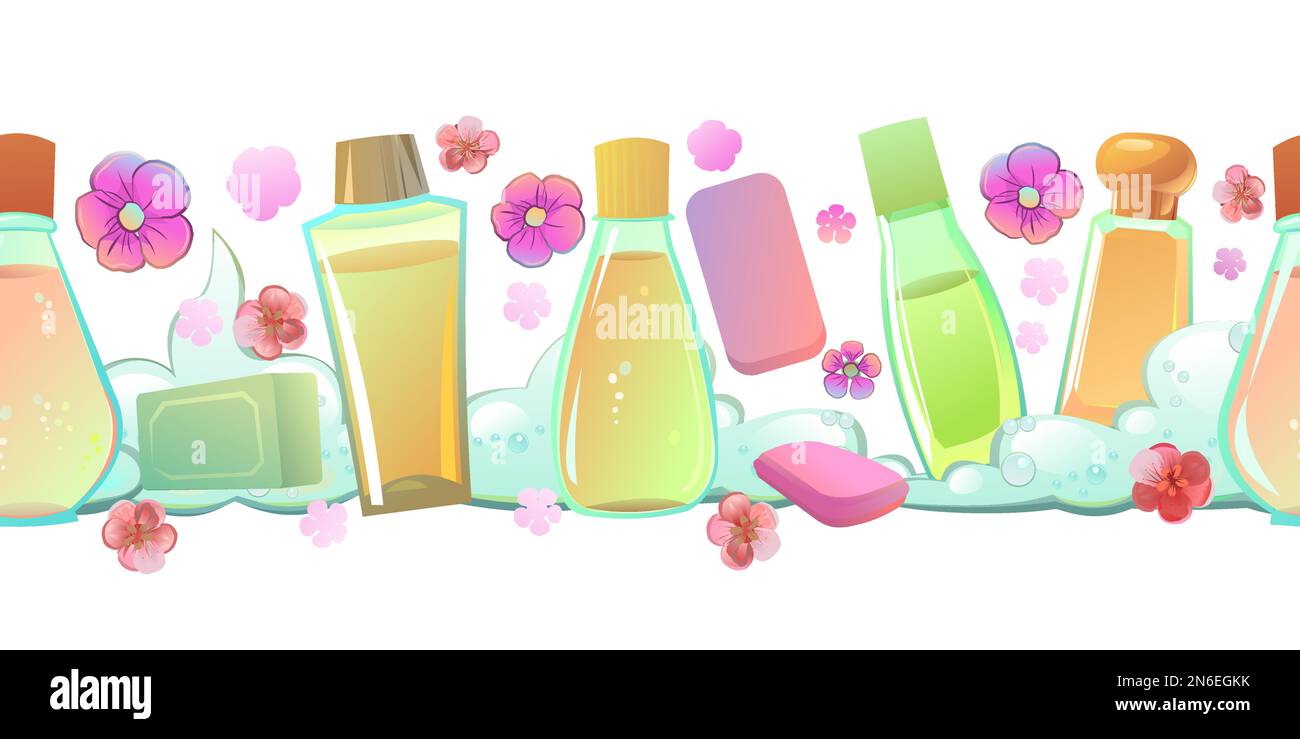 Shampoos and soaps with the scent of flowers. seamless horizontal ...
