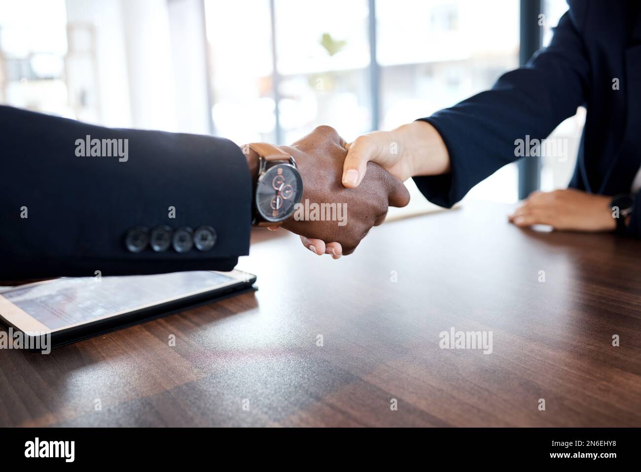 Handshake, deal and business people meeting for an interview ...