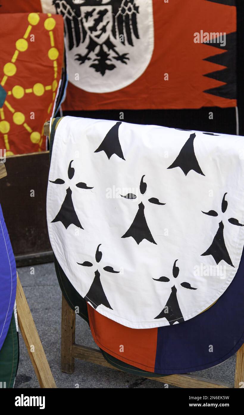 Detail of old flags with medieval shields, history Stock Photo - Alamy