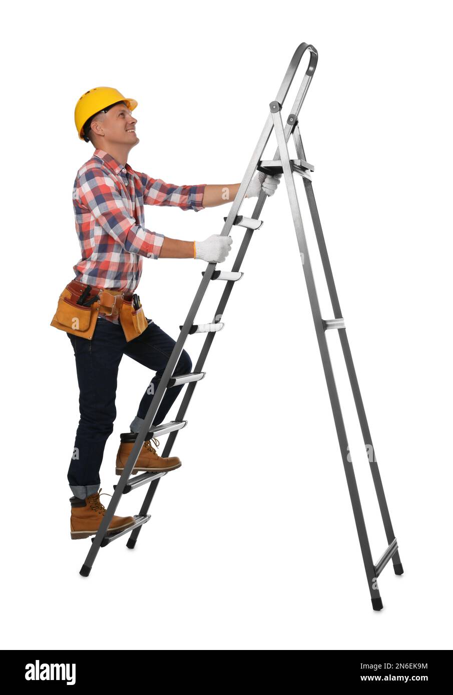 Professional constructor climbing ladder on white background Stock ...