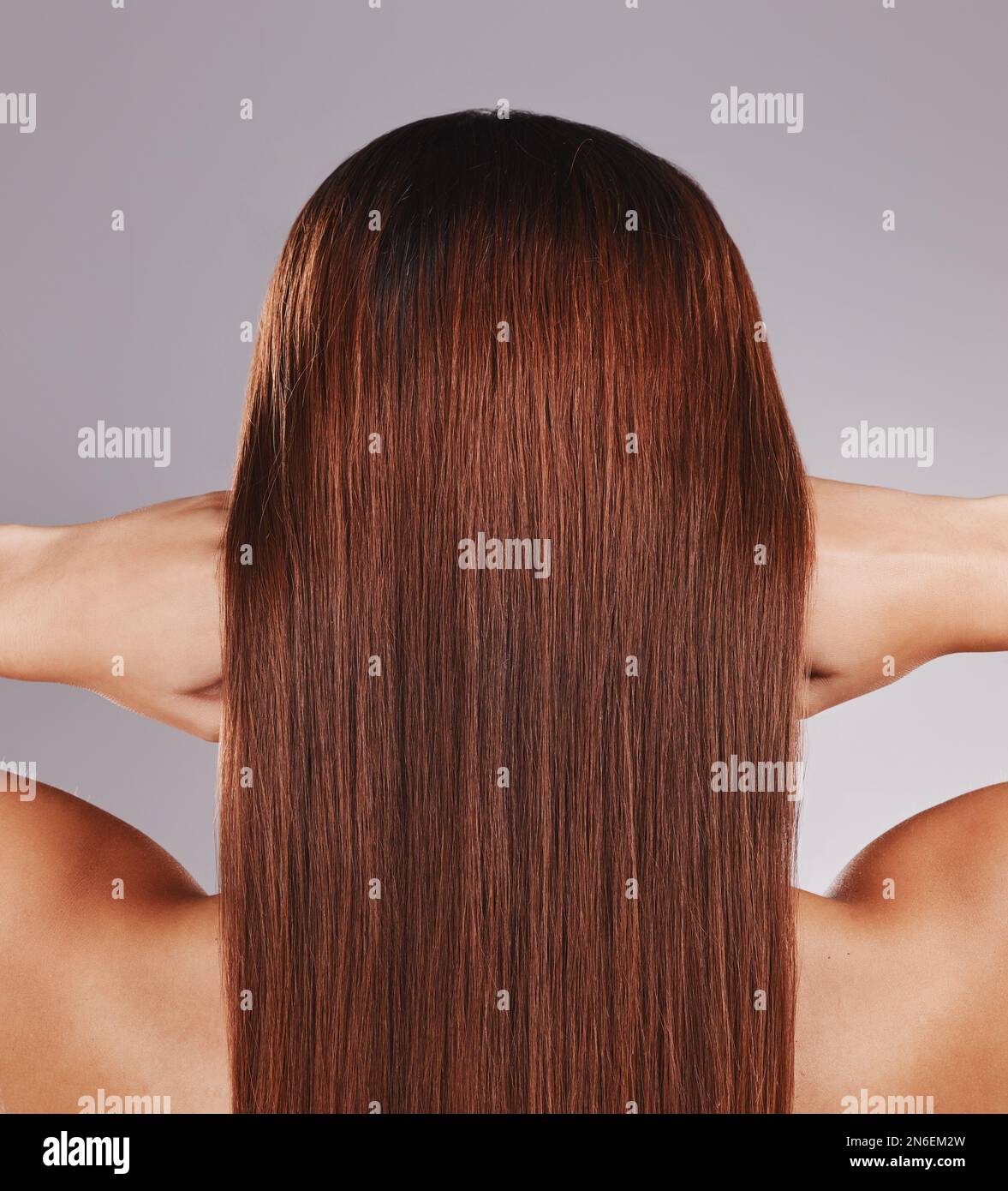 Hair care, keratin and back of a woman for a salon isolated on a grey ...