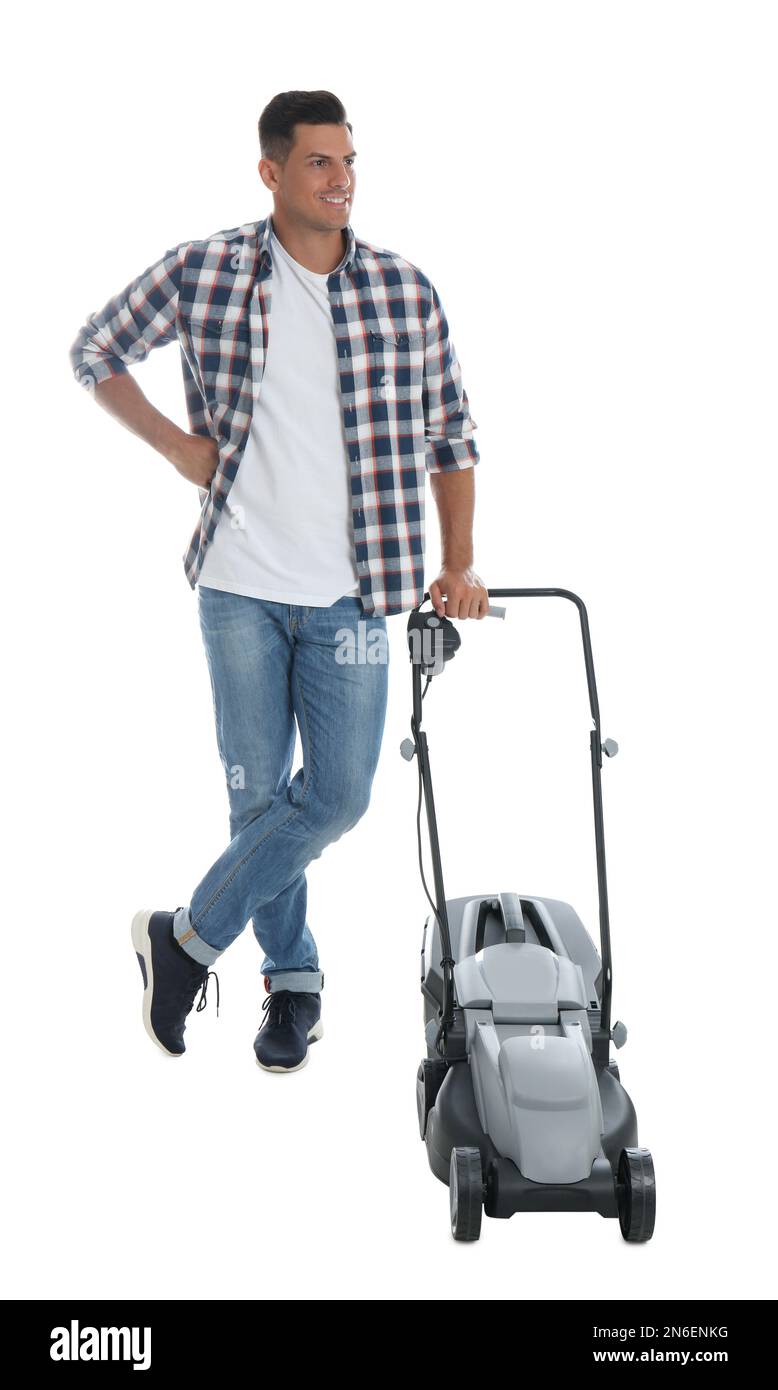 Man with modern lawn mower on white background Stock Photo - Alamy