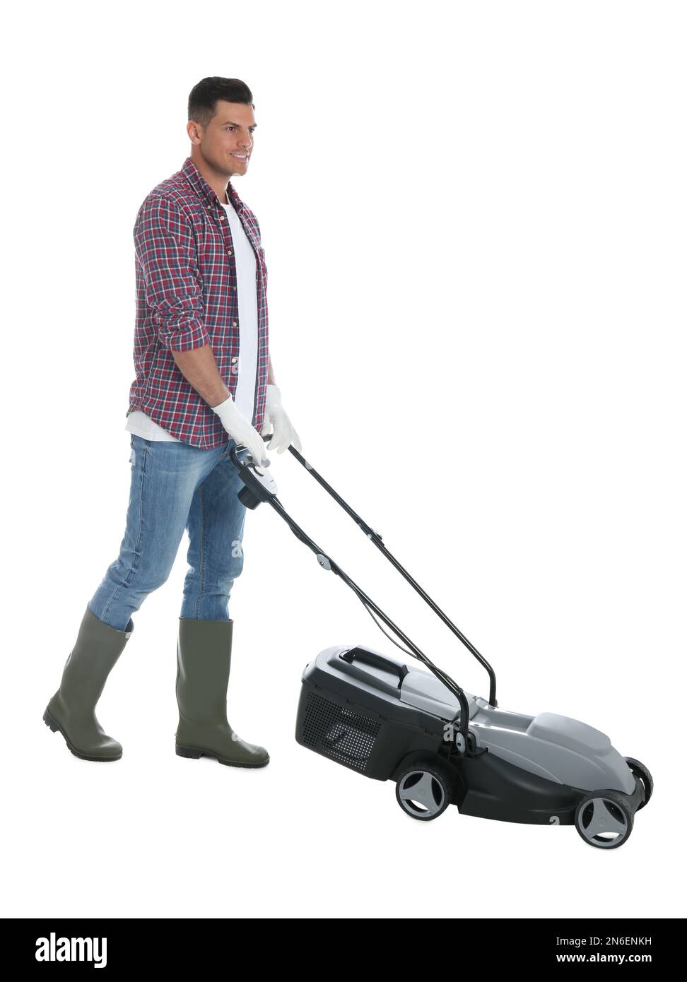 Man with modern lawn mower on white background Stock Photo - Alamy