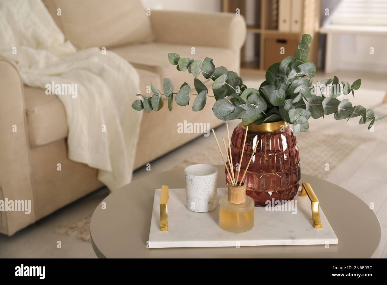 Bunch of eucalyptus branches and oil diffuser on table in living room ...