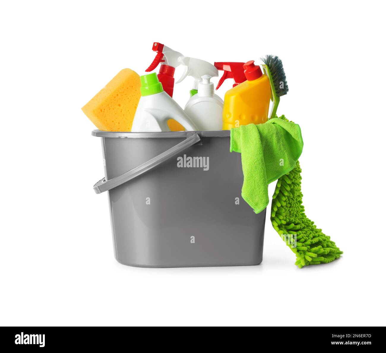 Plastic bucket with different cleaning supplies isolated on white Stock ...