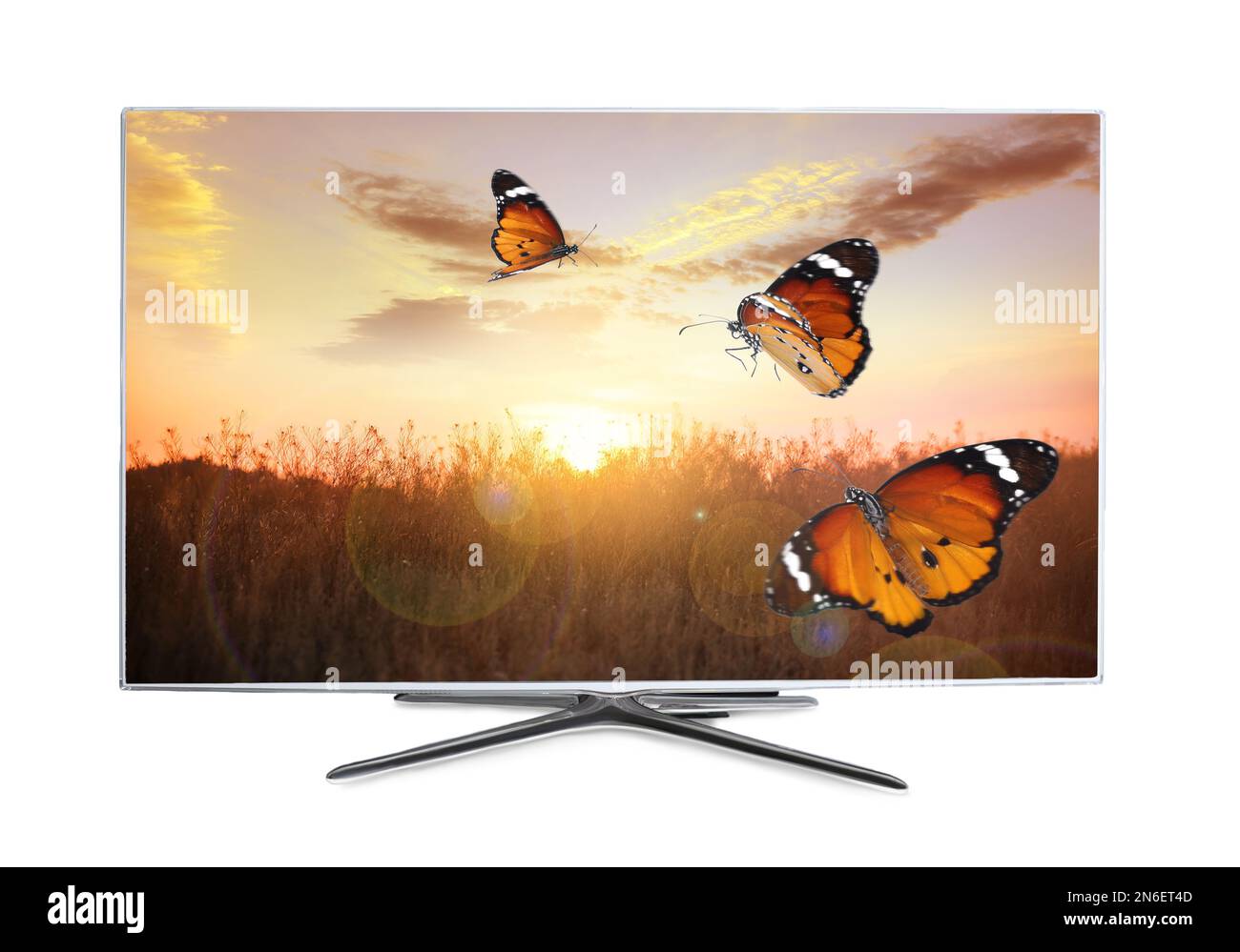 Modern wide screen TV monitor showing beautiful landscape, isolated on ...