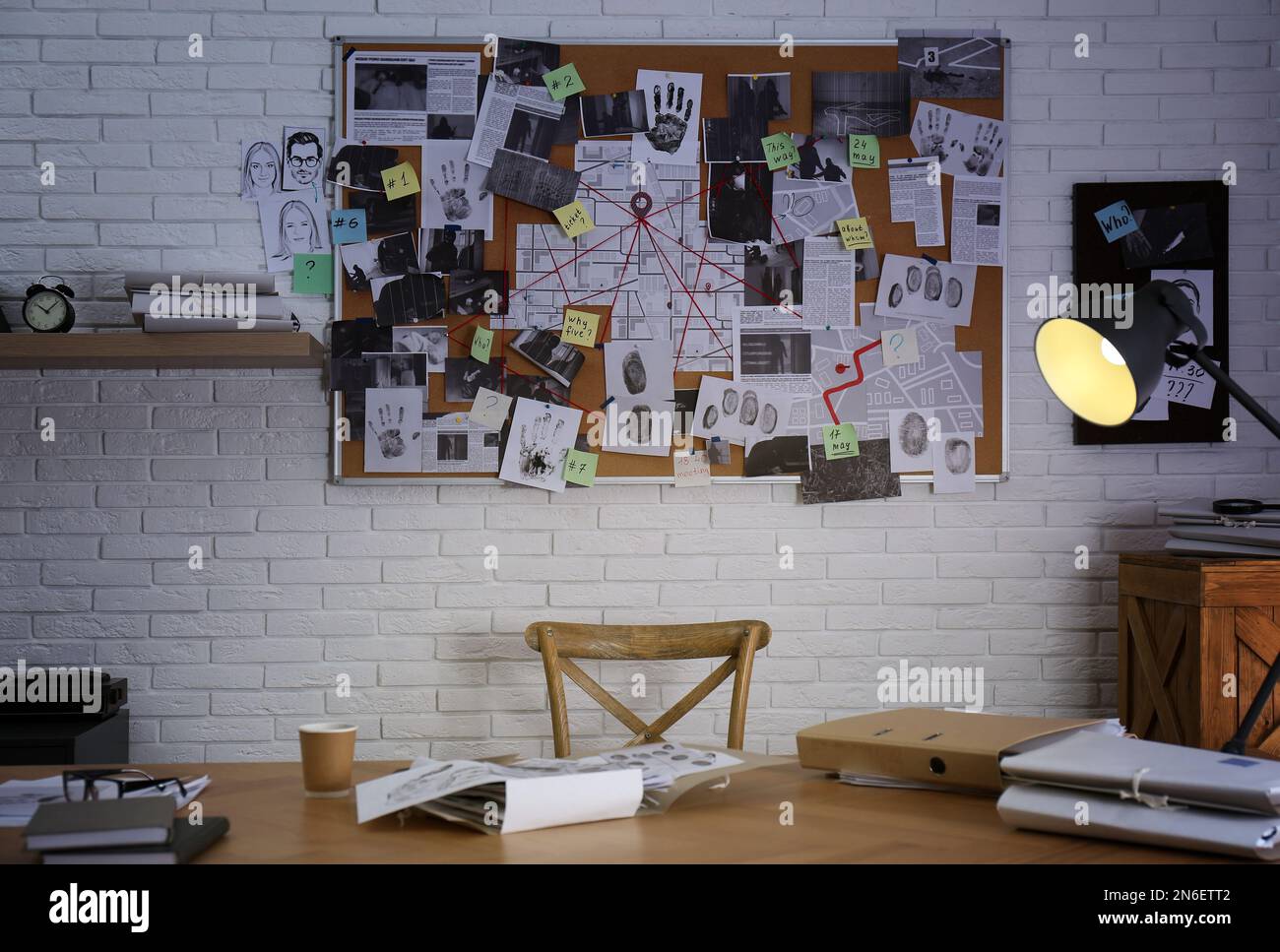 Detective office interior with workplace and investigation board Stock ...