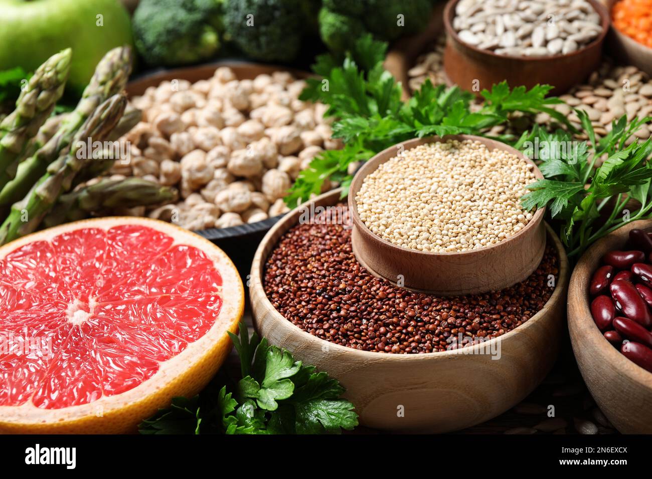 Fresh fruit, seeds and vegetables on table, closeup Stock Photo - Alamy