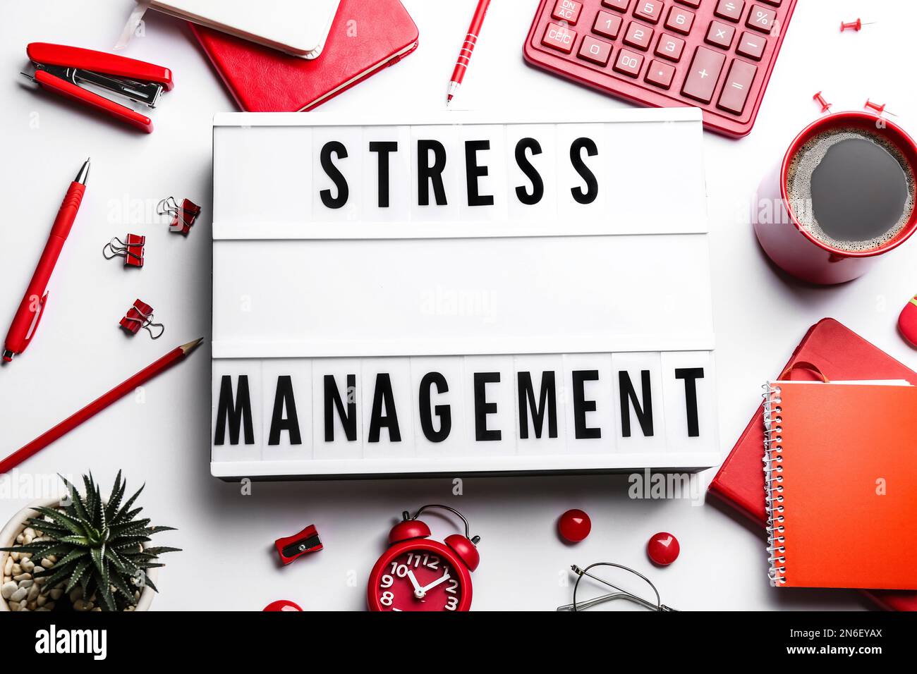 Flat lay composition of lightbox with phrase Stress Management on white ...