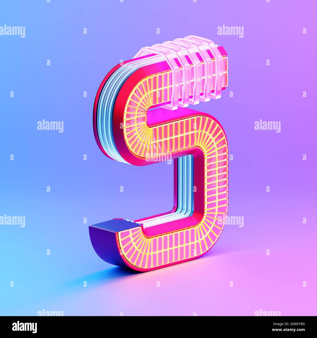 3D illustration, Number 5 five over c neon lights on pink background ...