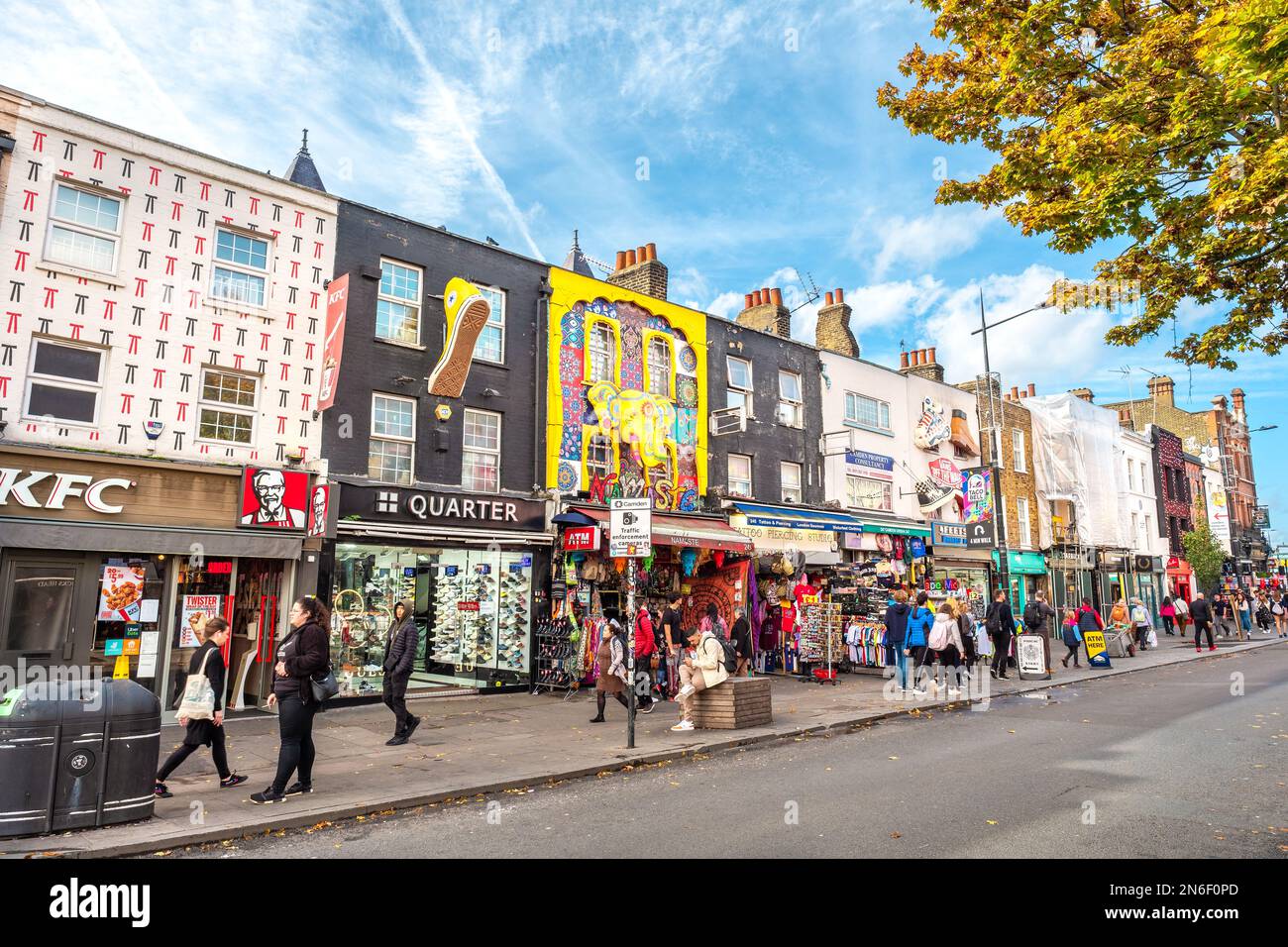 Houses with colorful decorated facades on High Street in Camden town ...