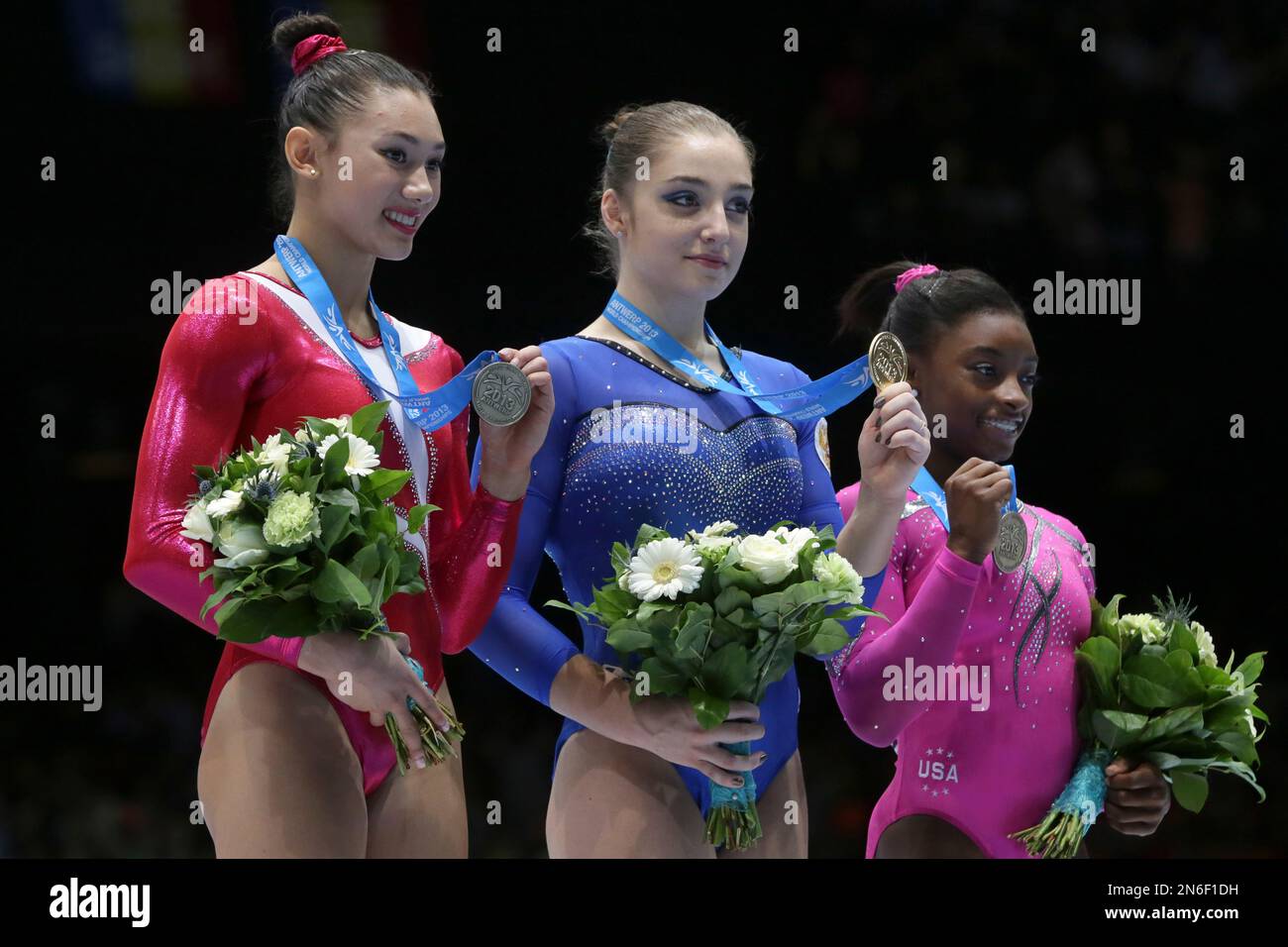 U.S. gymnast Kyla Ross, left and silver medal, Alya Mustafina of Russia ...