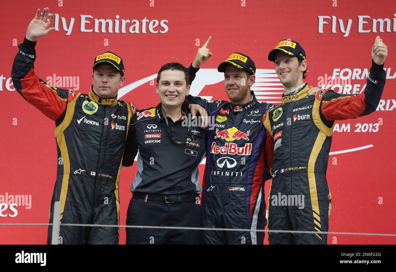 Race winner Red Bull driver Sebastian Vettel, second right, of Germany ...