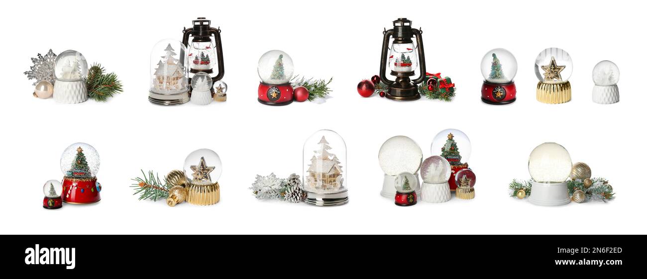 Set of different beautiful snow globes on isolated on white. Banner ...