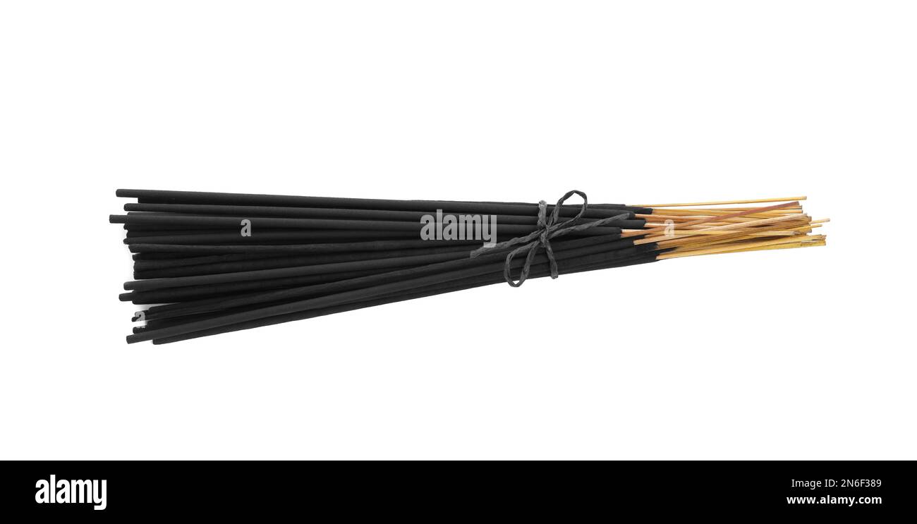 Many aromatic incense sticks tied with twine on white background Stock ...