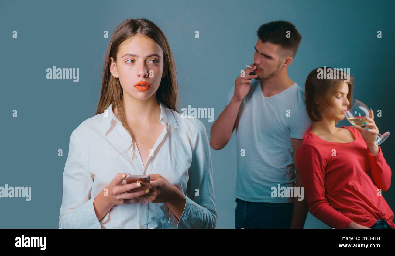 Make a right choice. Beautiful girl thinking about different addictions ...