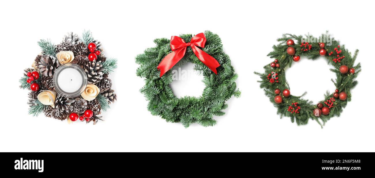 Set with beautiful Christmas wreaths on white background, banner design ...