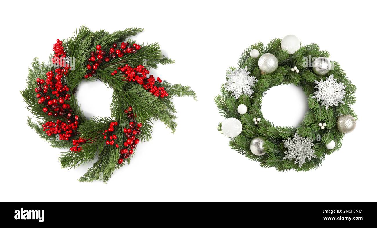 Beautiful Christmas wreaths on white background, banner design Stock ...