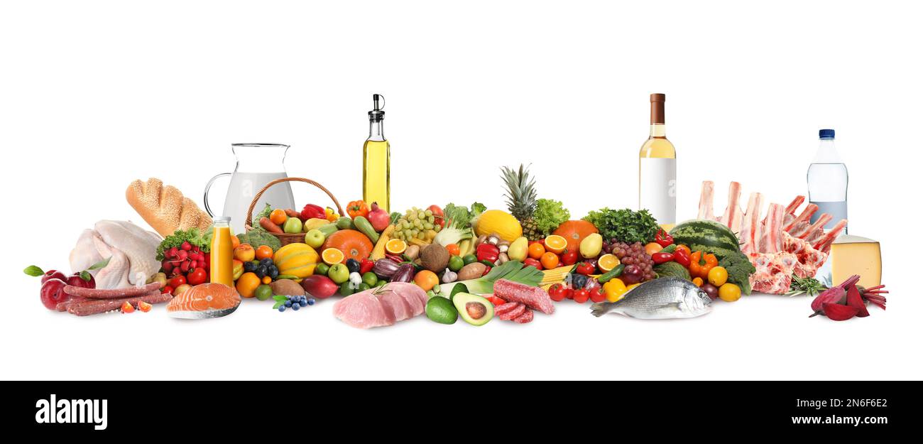 Assortment of fresh organic products on white background. Balanced food ...