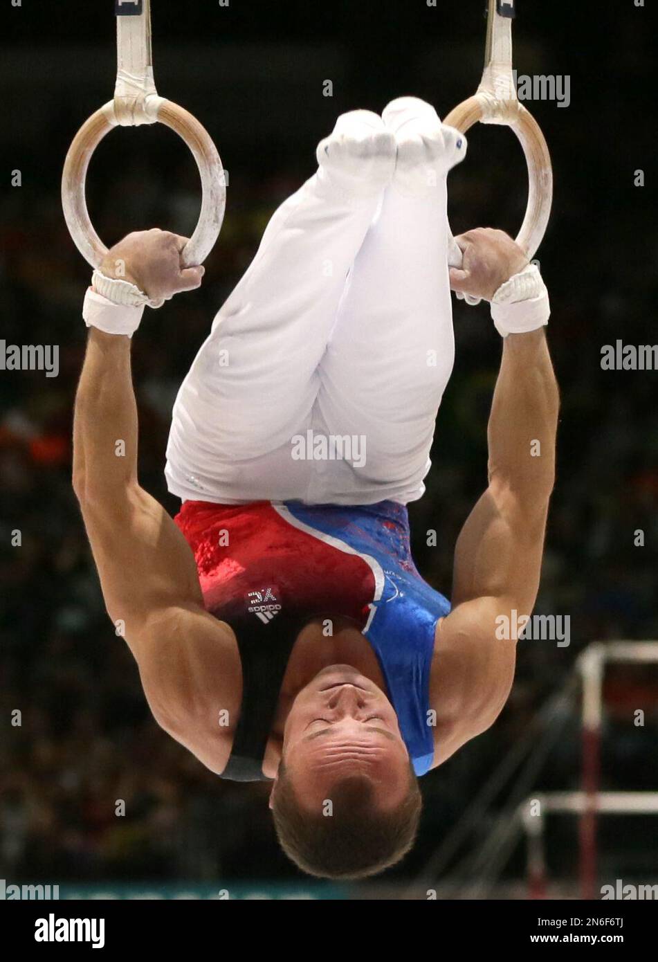 French gymnast Danny Pinheiro Rodrigues competes on the rings during ...