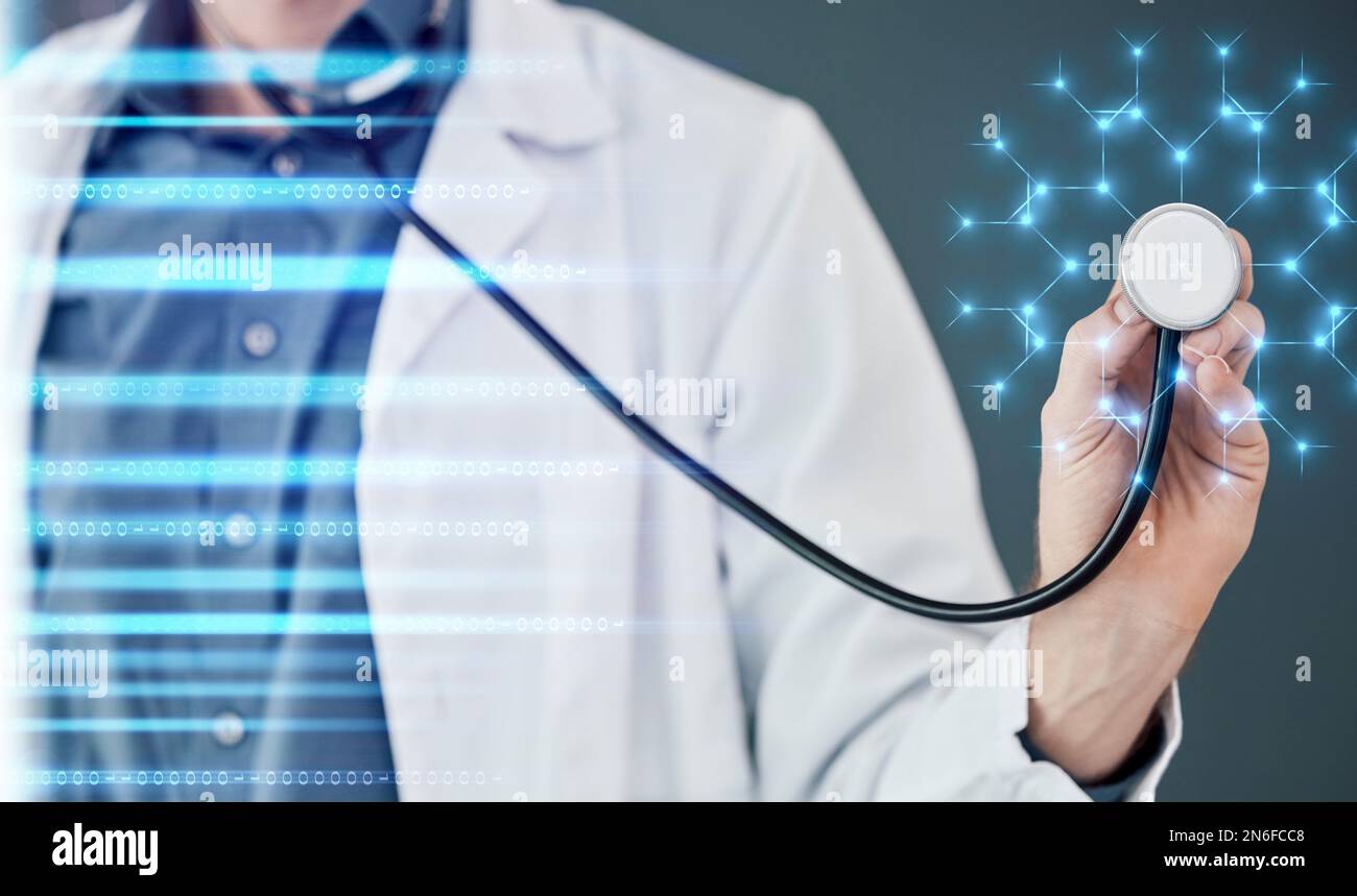 Healthcare, overlay and stethoscope with the hand of a doctor using ai ...