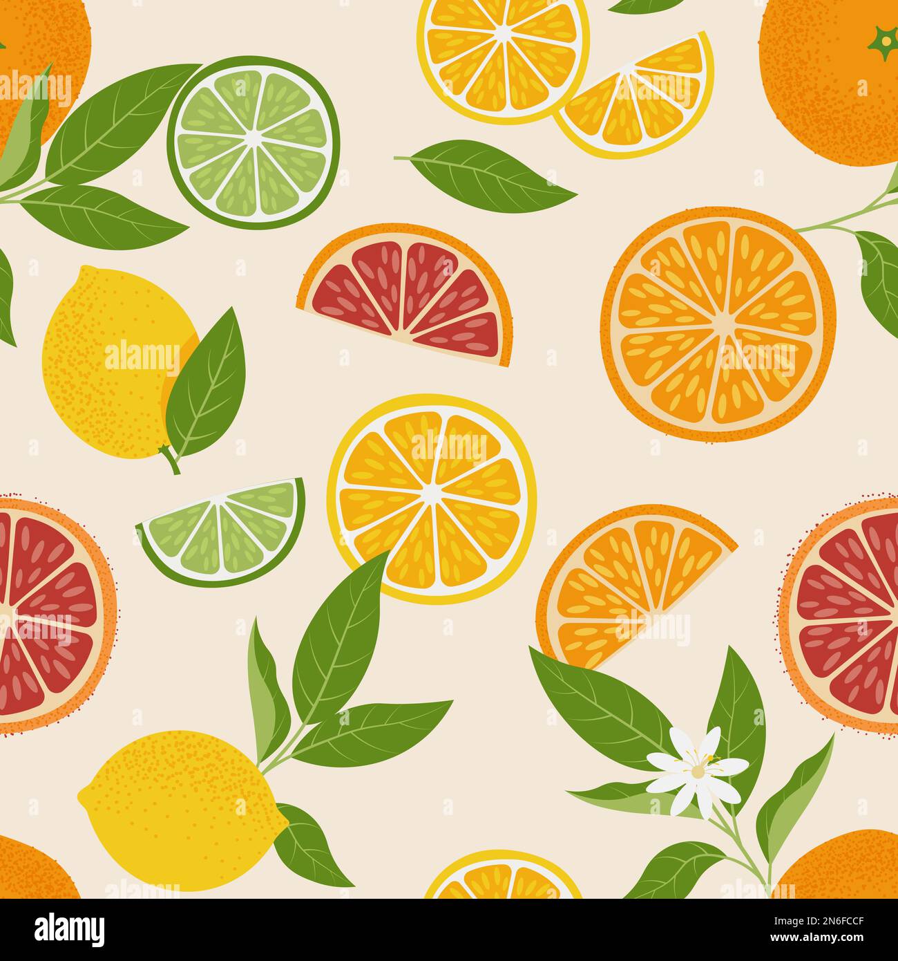 Tropical seamless pattern with yellow lemon, orange, lime, and grapefruit. Citrus Fruit ...